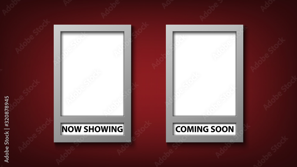 Movie poster frame template with now showing and coming soon, vector ...