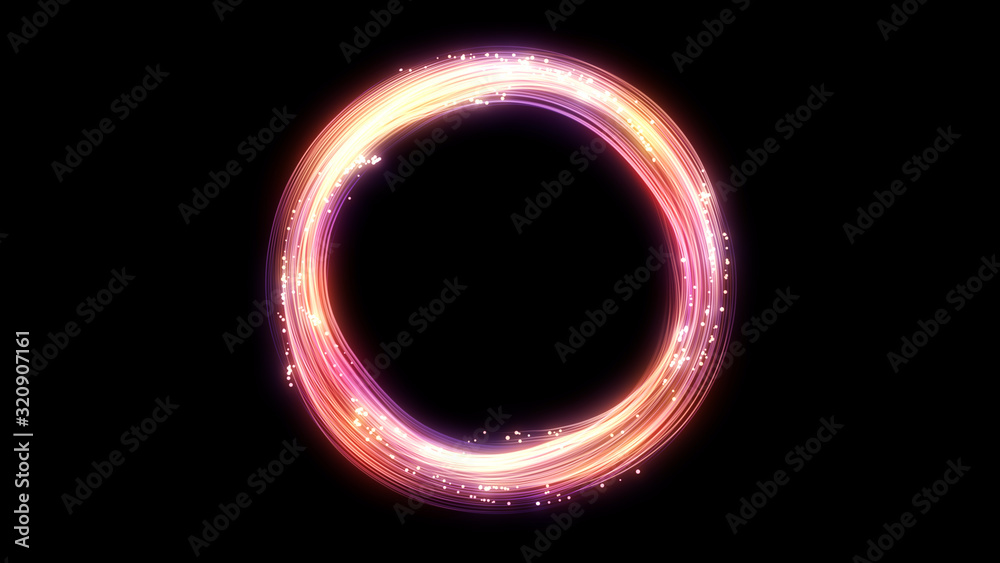 Neon circle. Round frame background. Multiple lines swirls. Orange ...