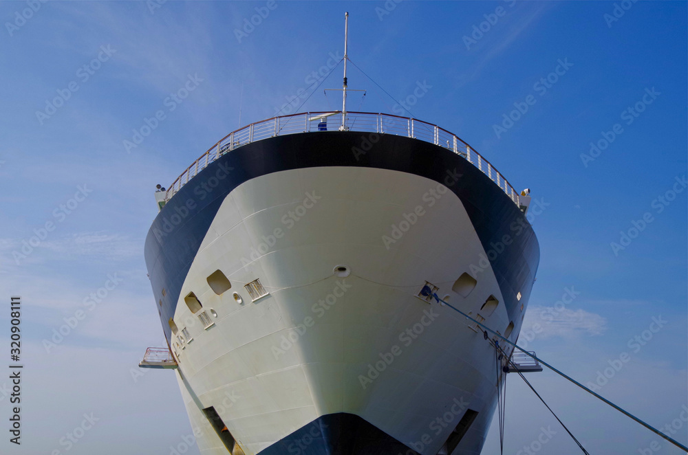 Detail view of bow and superstructure of modern cruiseship or cruise ...