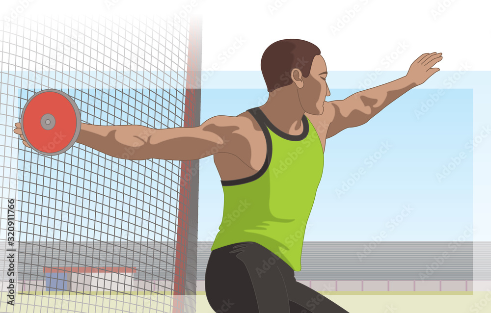 discus throw, male athlete ready to throw disc with net and stadium in ...