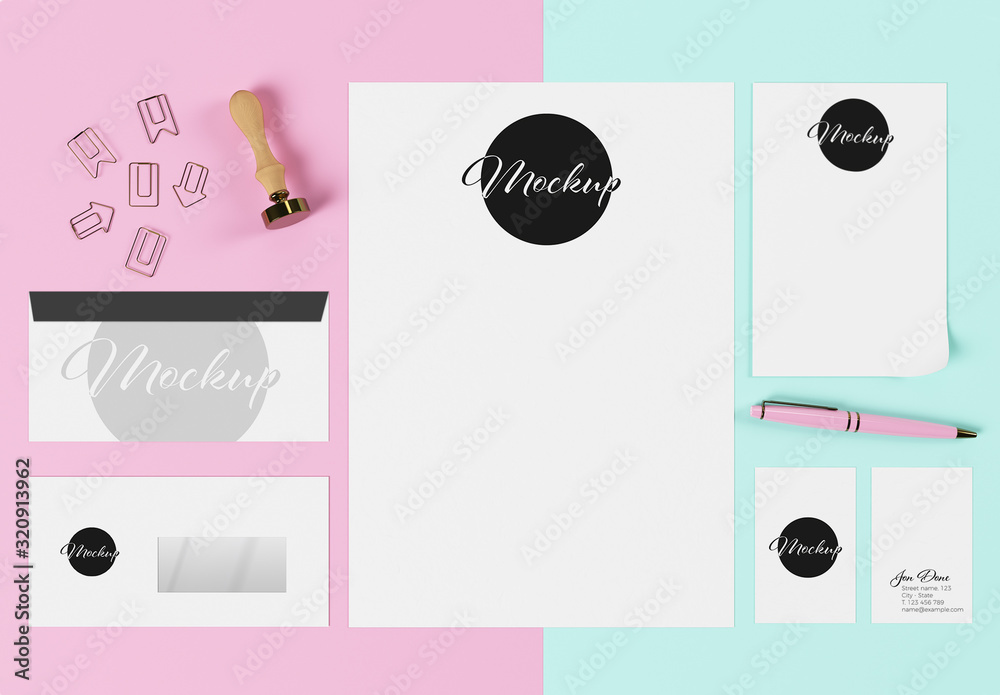 Blue and Pink Stationary Set Mockup Stock Template | Adobe Stock