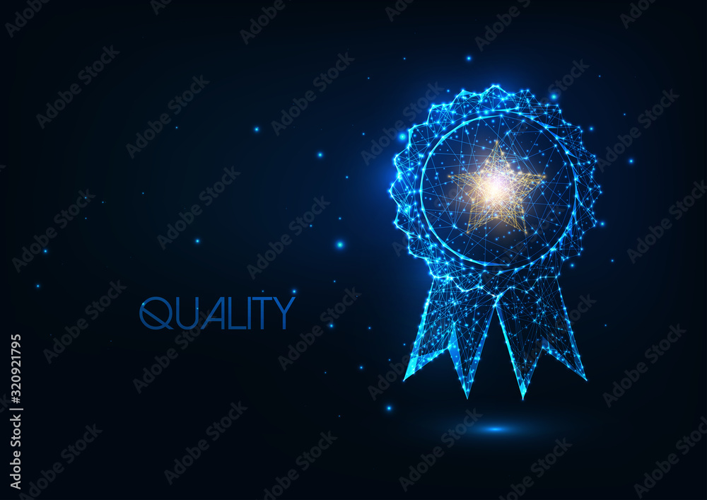 Futuristic best quality award badge concept with glowing low polygonal ...
