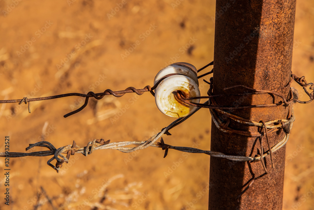 Porcelain Donut Insulator for electric fence wired onto a rusty metal ...