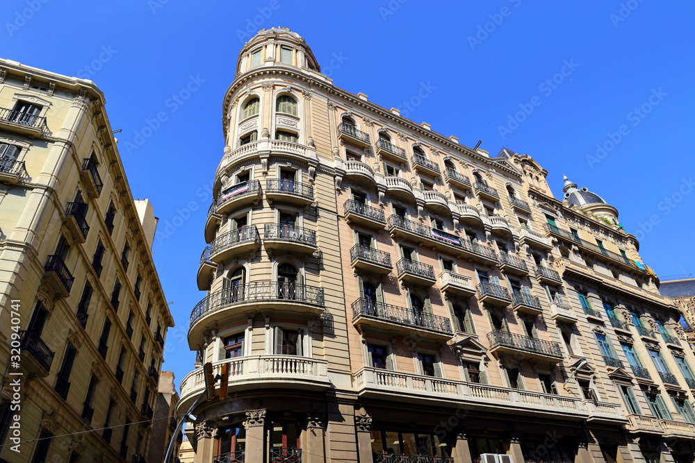 Street view with example buildings in Barcelona, Spain Stock Photo ...