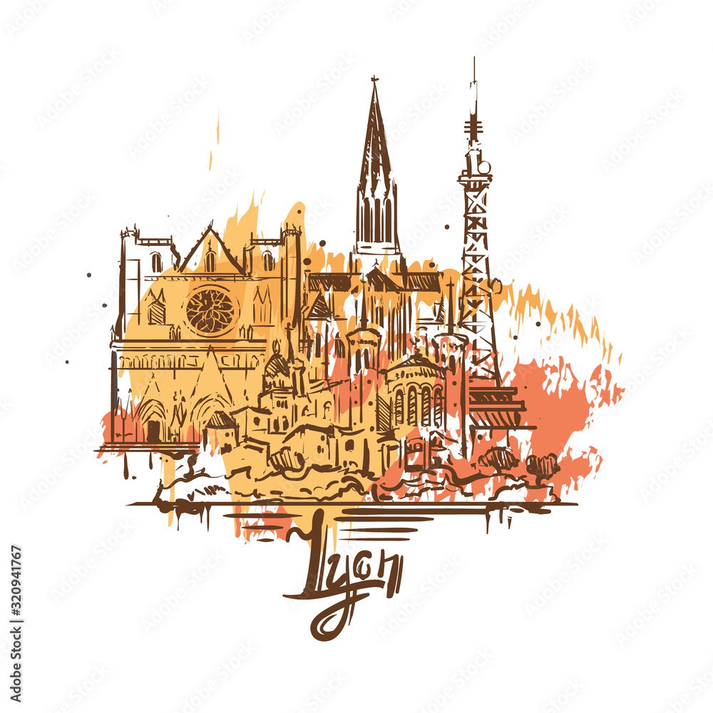 Lyon abstract color drawing. Lyon sketch vector illustration isolated ...