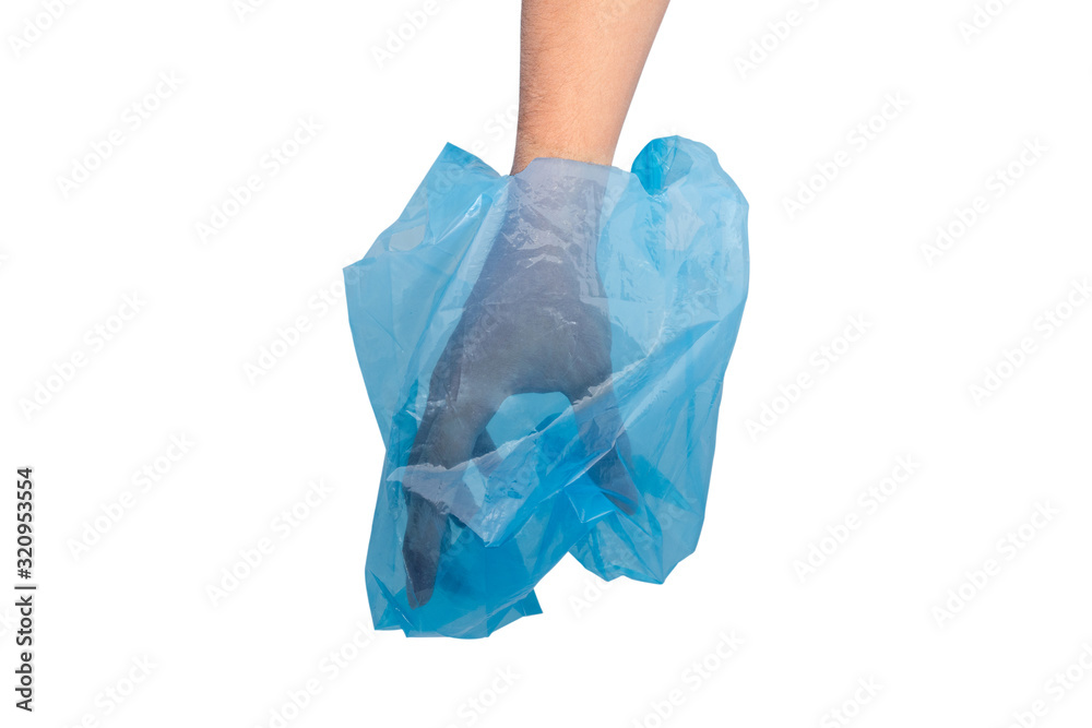 Hand try to catch and stuck in blue plastic bag isolated on white ...