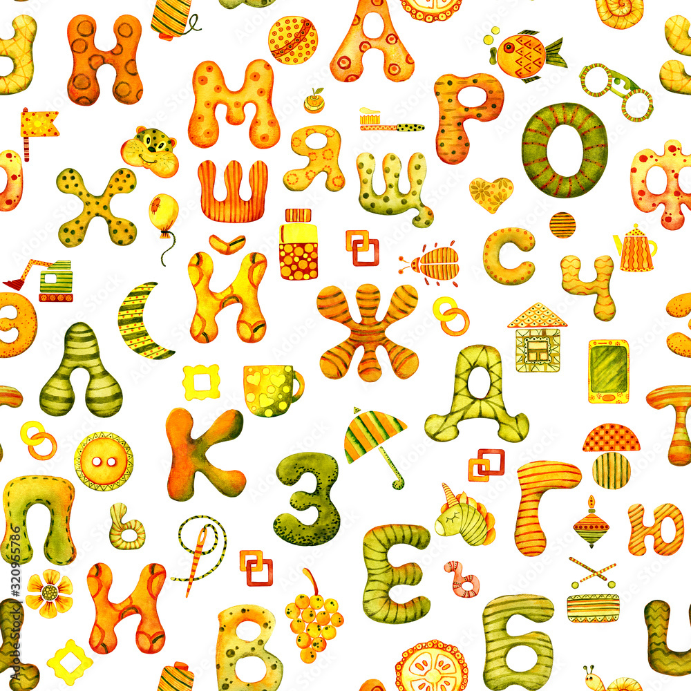 Seamless pattern. Russian alphabet, alphabet with cartoon pictures and ...