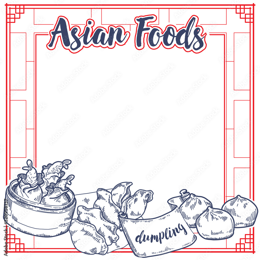 Border and frame design for Asian foods. Hand drew frame for take-out ...