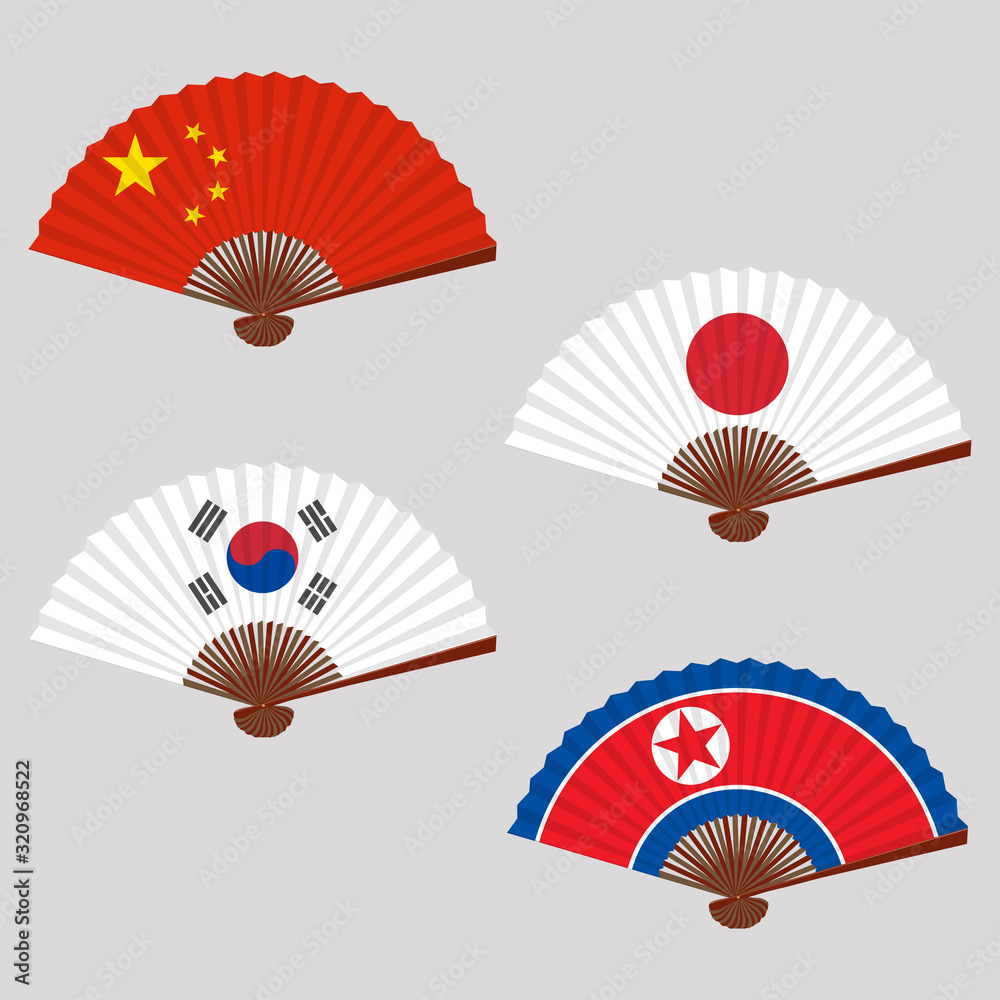 Traditional asian folding hand fan, set. Symbols of the flags of the ...