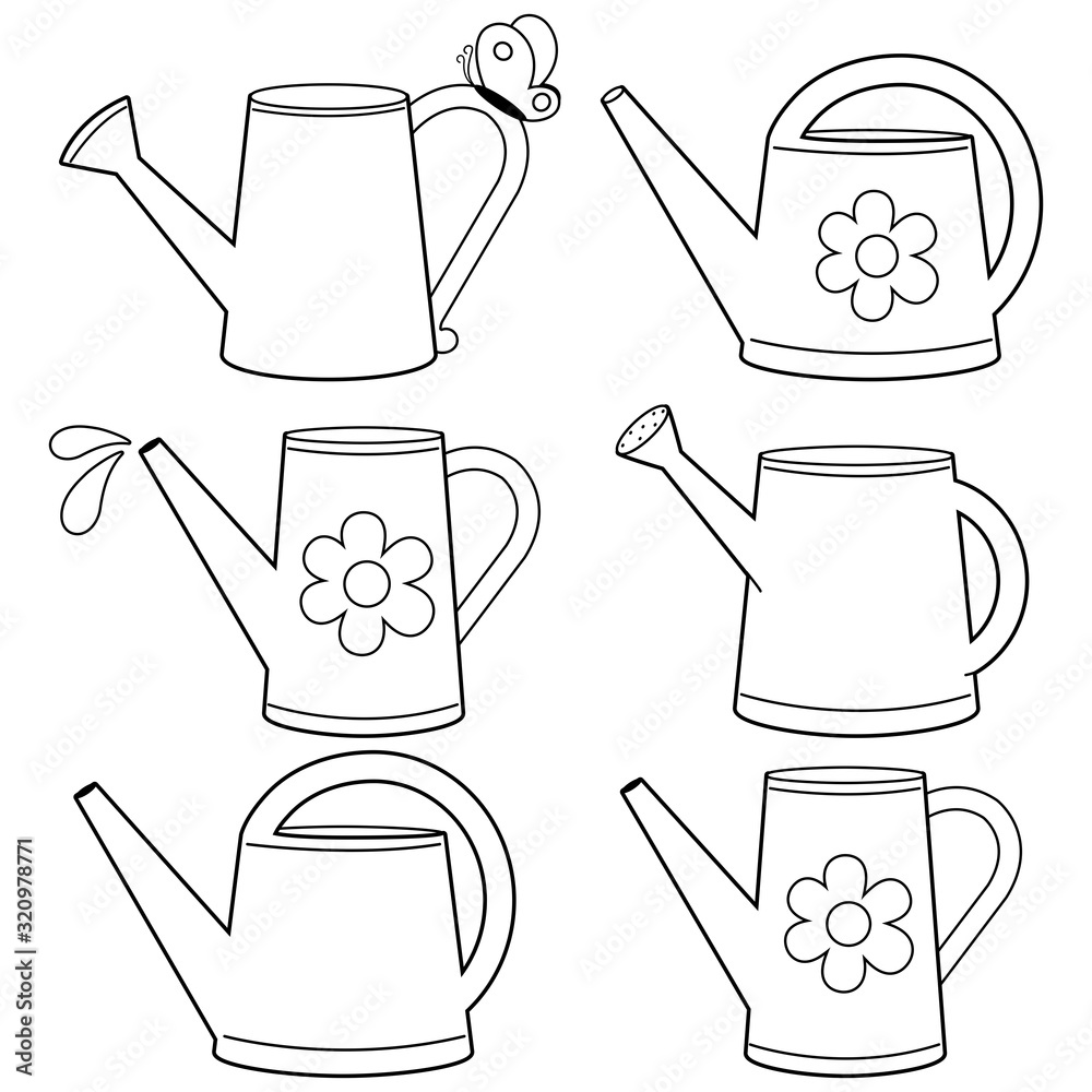 Watering cans set. Vector black and white coloring page Stock Vector ...