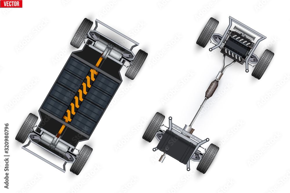 Set of Car rolling Chassis. Unibody and Electric types. Vehicle chassis ...