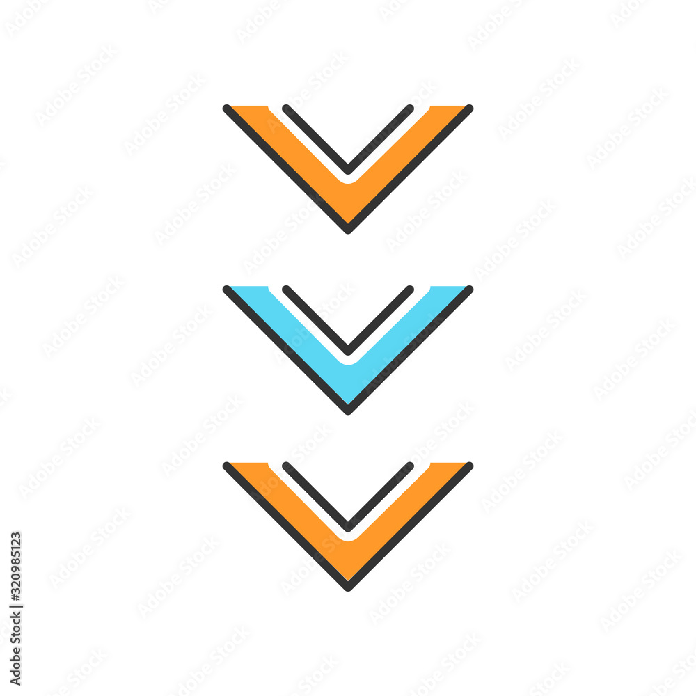 Scrolling down button blue and orange RGB color icon. Three downward ...