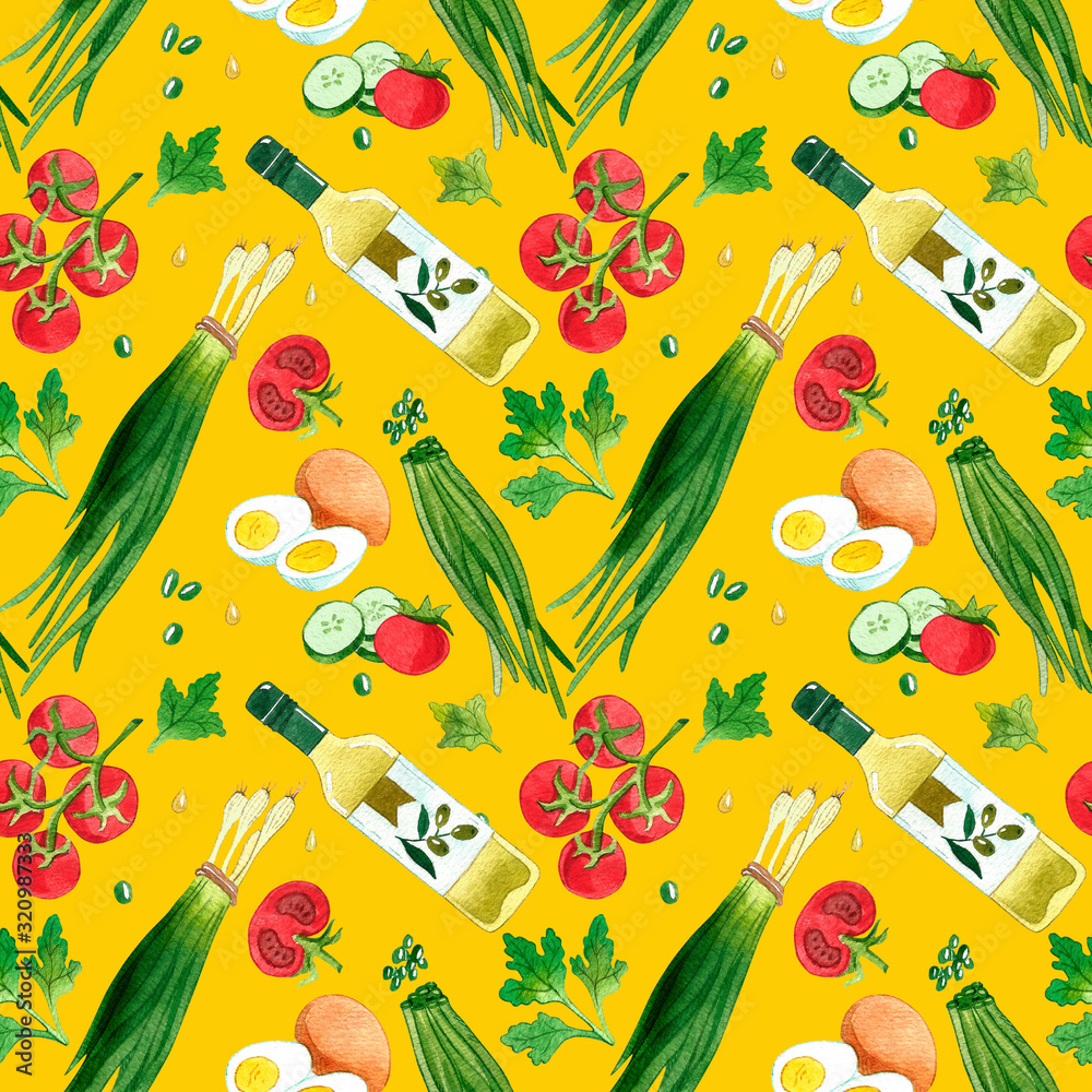 Seamless watercolor healthy food background pattern. For design paper ...