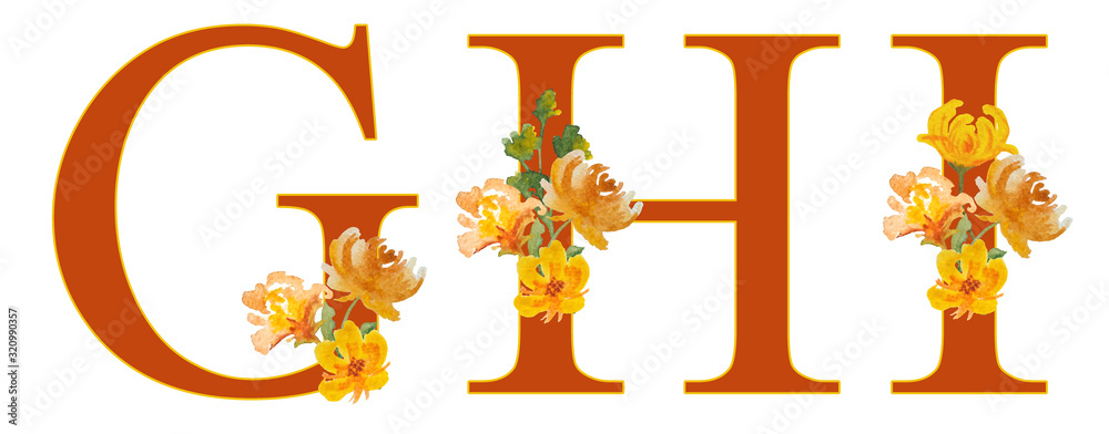 Font letter G H I typography alphabet. Watercolor hand drawn ...