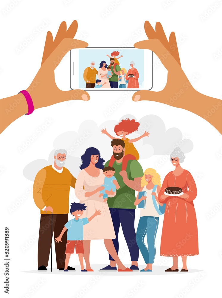 Photo of a large friendly family. Two hands holding a phone and taking ...