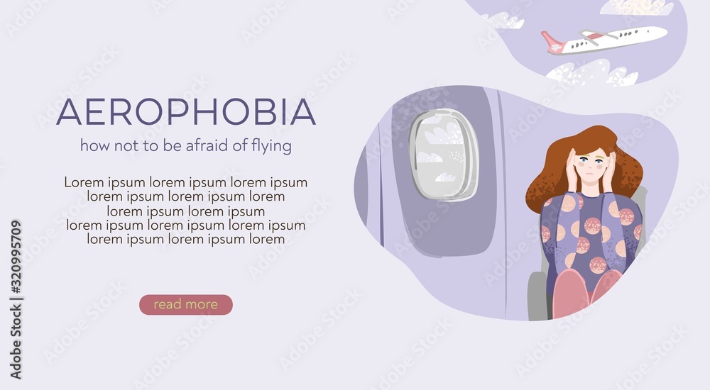 Vetor de A young girl sits in the cabin of the plane and holds her face ...