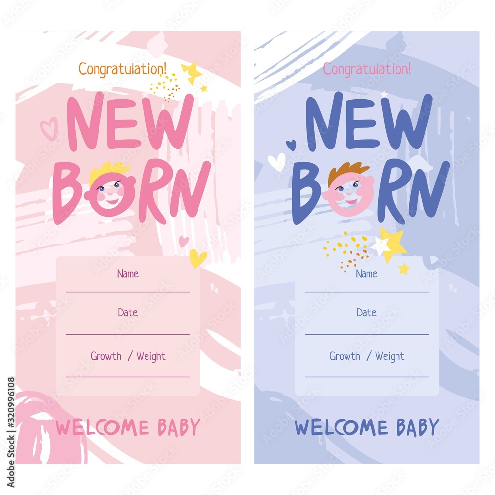 Newborn welcome poster for boy and girl on an abstract pink and blue ...