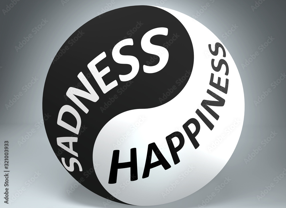 Sadness and happiness in balance - pictured as words Sadness, happiness ...