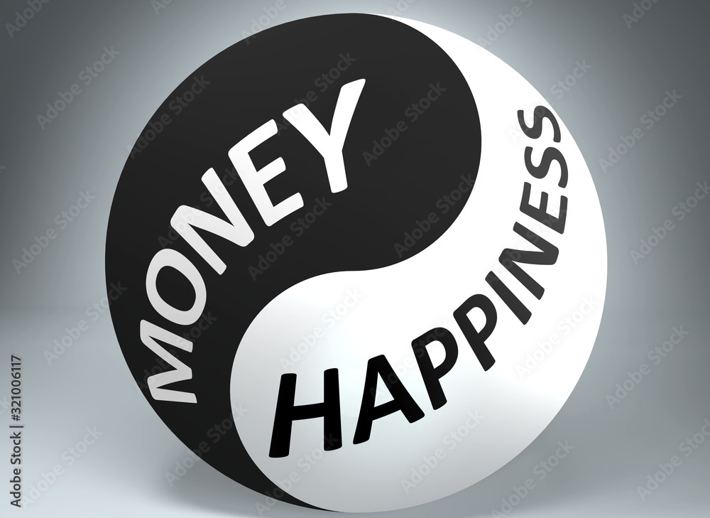 Money and happiness in balance - pictured as words Money, happiness and ...