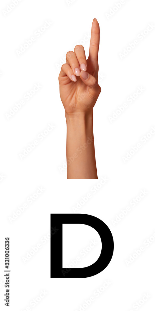 Manual Language Alphabet Deaf Gesture Sign D letter with Female Hand ...