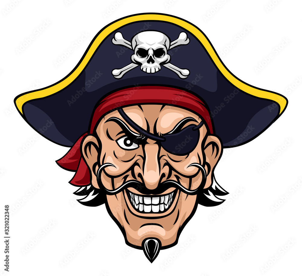 A pirate cartoon character captain mascot face with skull and crossed ...