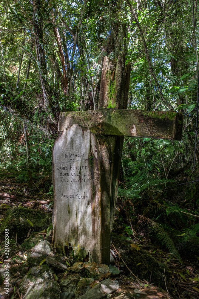 Jackson Bay. Historic cemetry. Graveyard. Wooden cross. Thombstone. Stock Photo | Adobe Stock