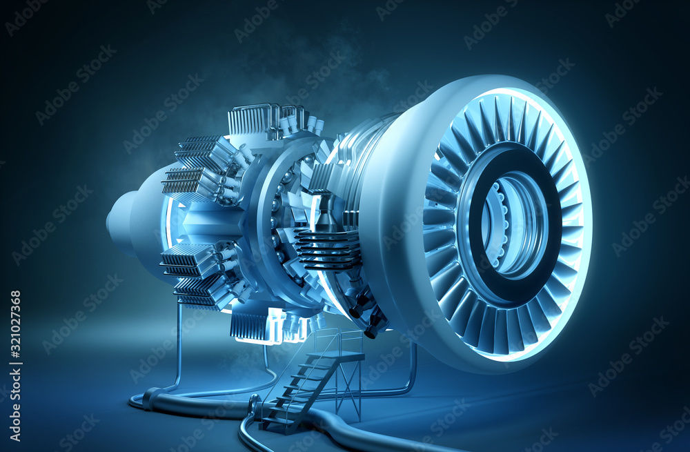 Futuristic Engineering. A glowing jet engine in the process of being ...