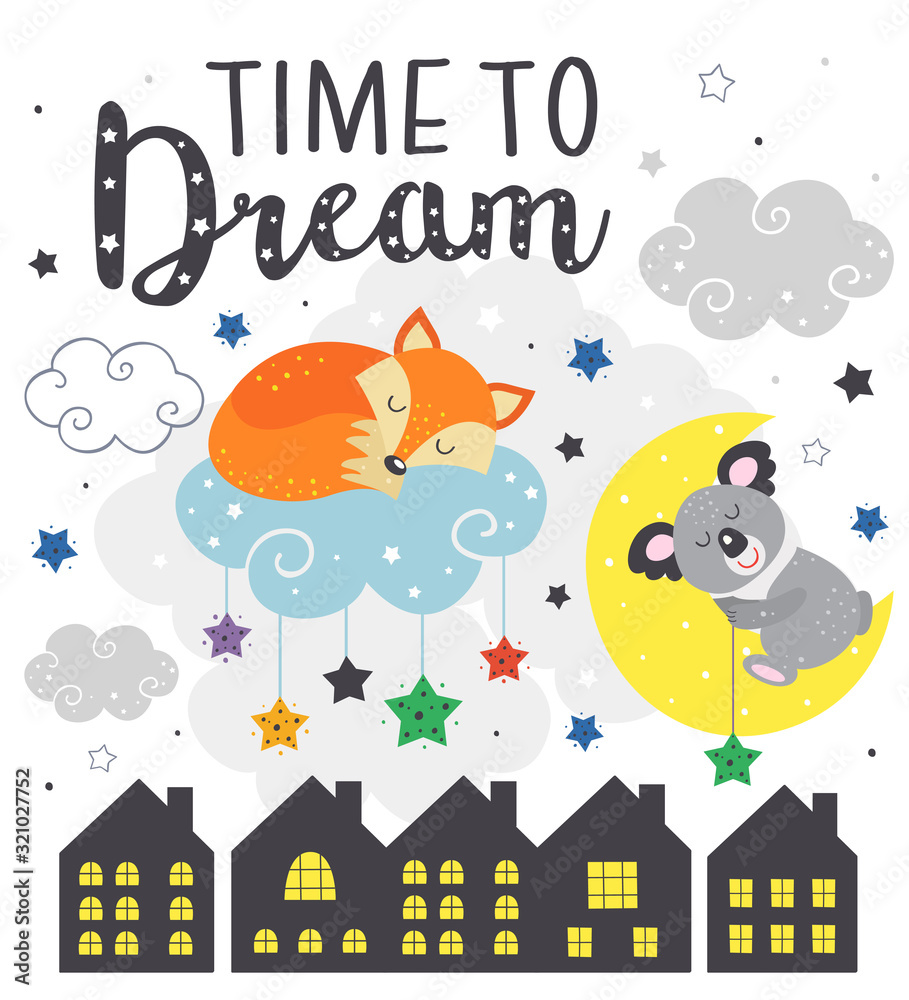 Photo & Art Print poster with sleeping fox and koala - vector ...