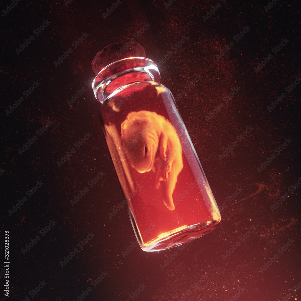 Floating magic bottle with a fictional creature embryo. Bottle creature ...