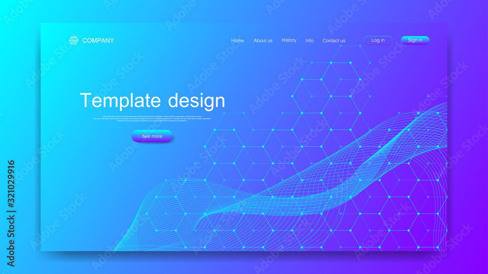 Landing page tech background with colorful dynamic waves and hexagonal ...