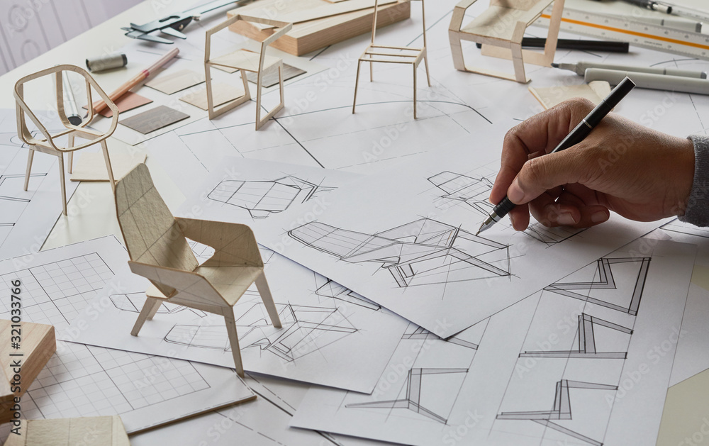Designer sketching drawing design development product plan draft chair ...