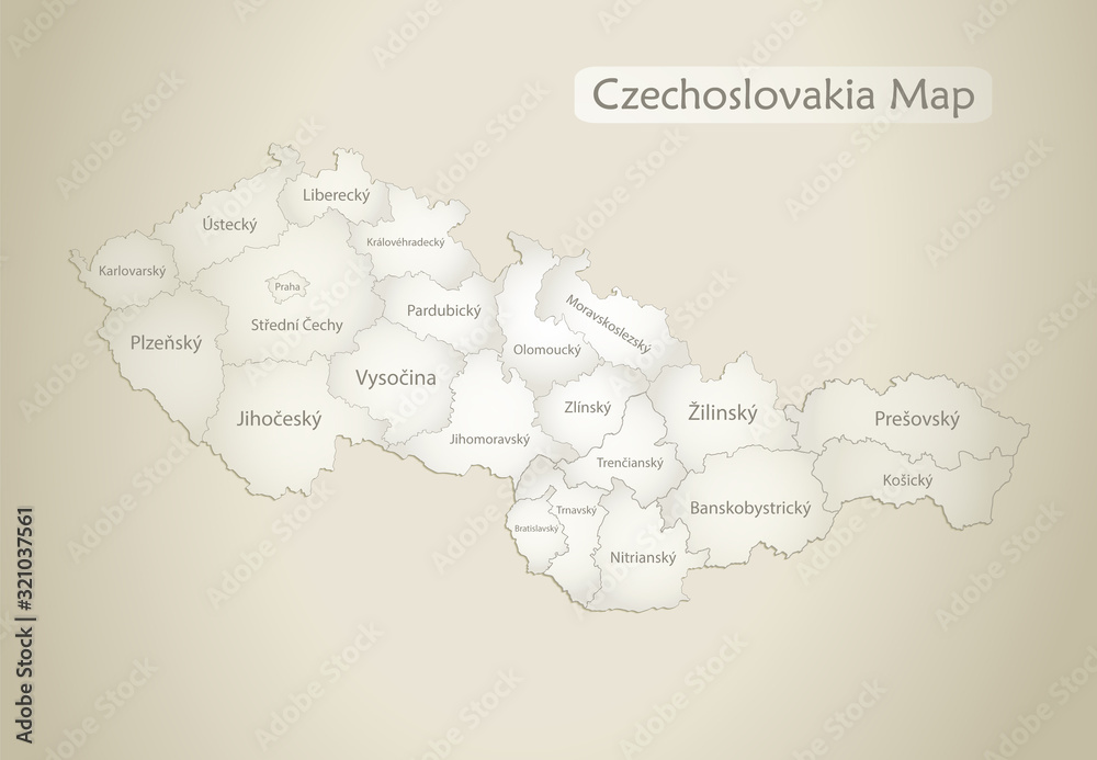 Czechoslovakia map, administrative division with names, old paper ...