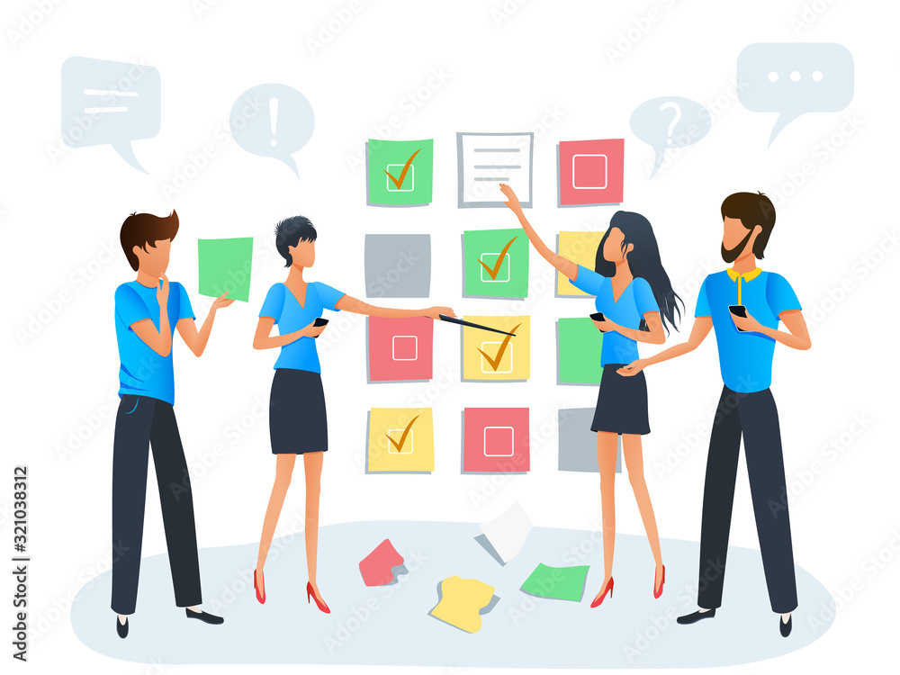 Vector illustration, team of business people working on a project at ...