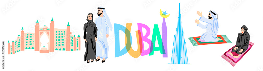 set of hand drawing sketch symbols and local people in Dubai, United ...