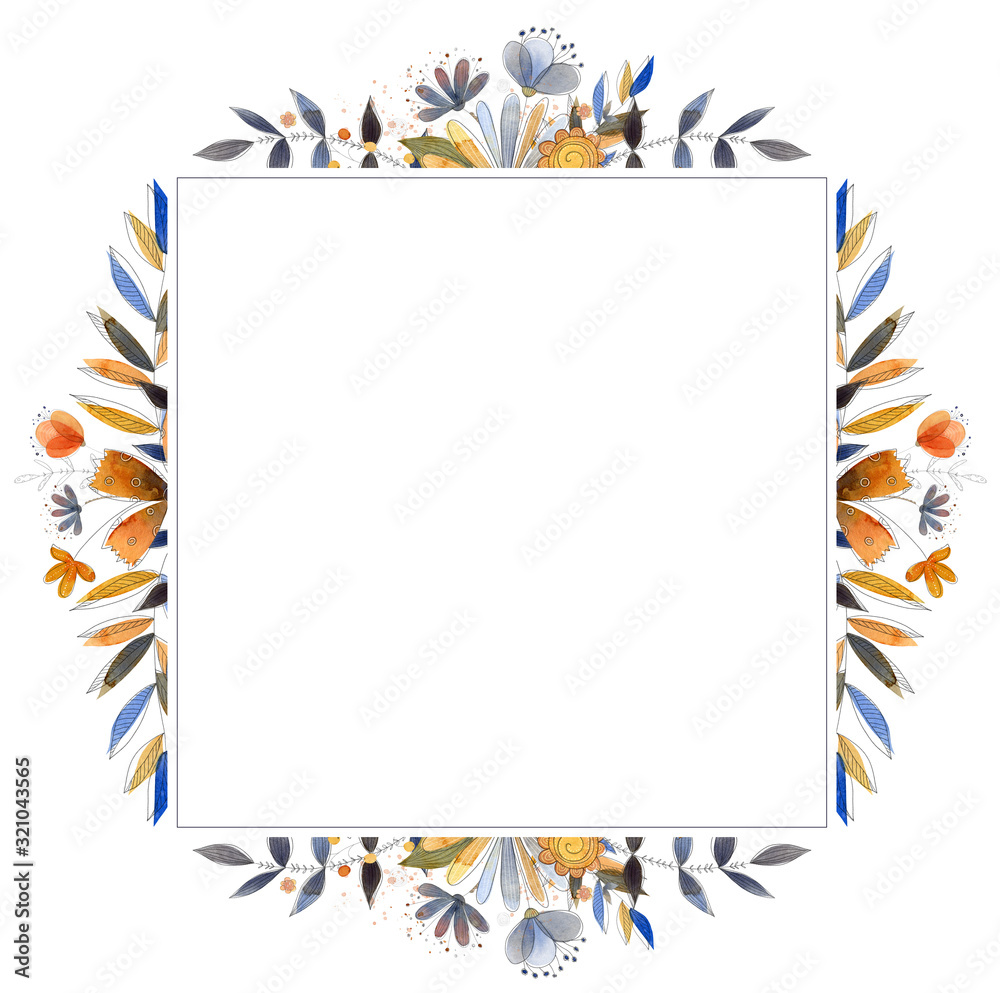 Watercolor summer and spring square frame with flowers, leaves and ...