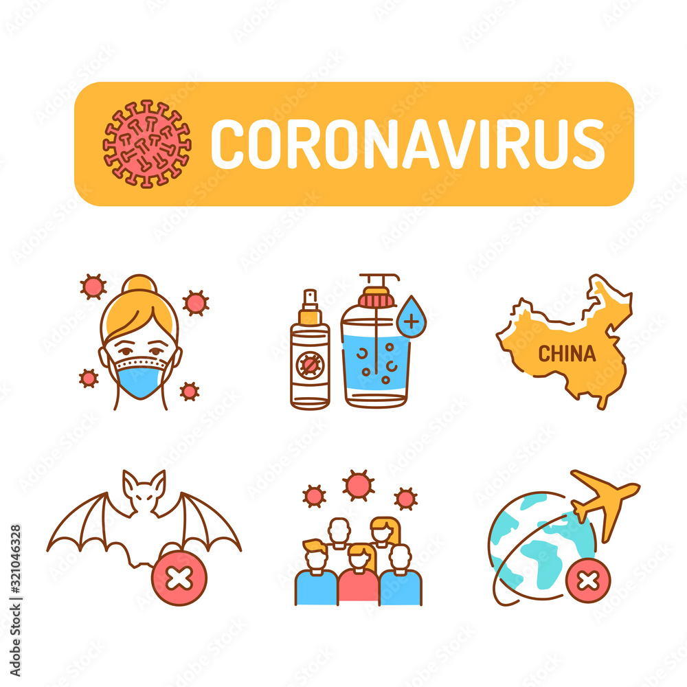 Wuhan Novel coronavirus 2019-nCoV color line icons set. Dangerous ...
