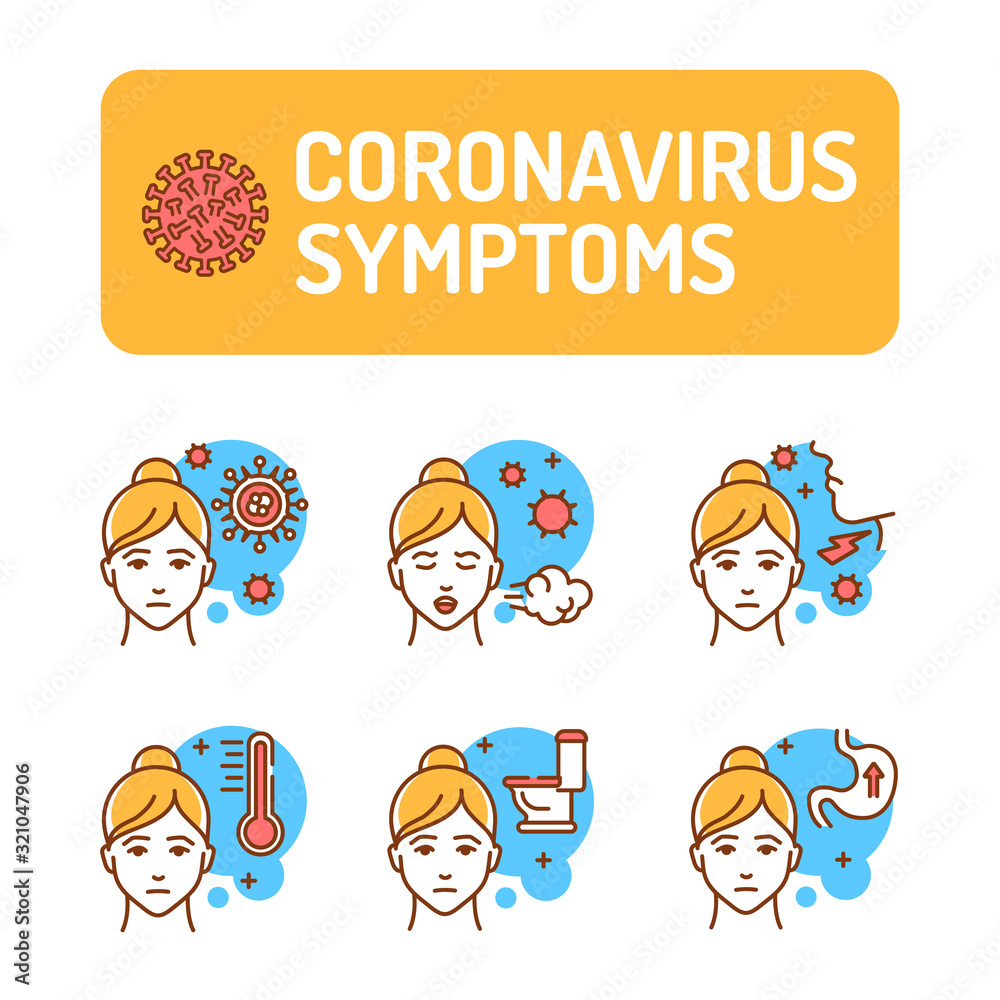 Coronavirus symptoms color line icons set. Dangerous chinese nCoV ...