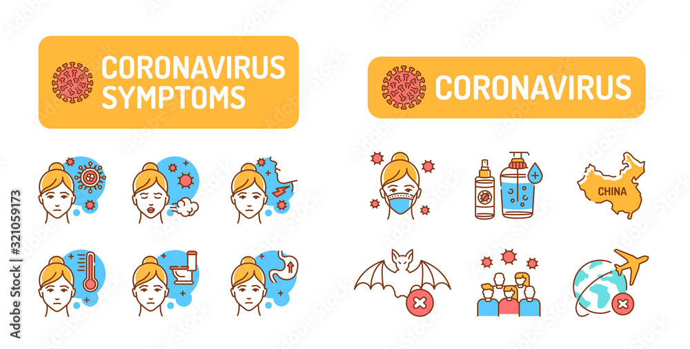 Wuhan Novel coronavirus 2019-nCoV color line icons set. Symptoms ...