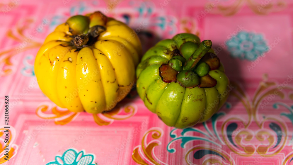 Garcinia atroviridis, known as asam gelugur or asam keping on a pink ...