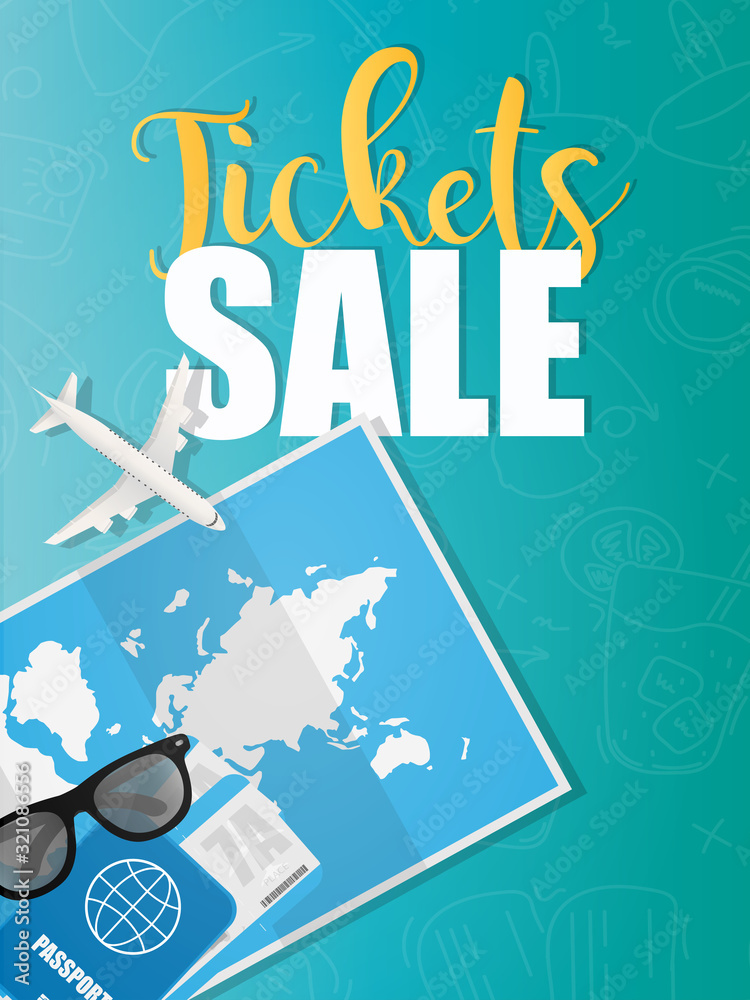 Ticket sale poster. Blue air ticket sale banner. Tickets, passport ...