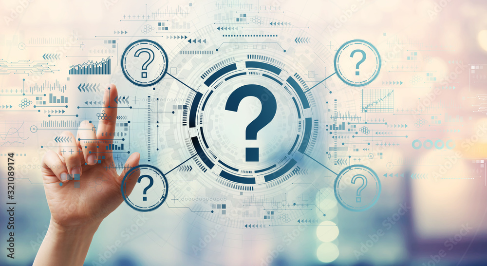 Question marks with hand pressing a button on a technology screen Stock ...
