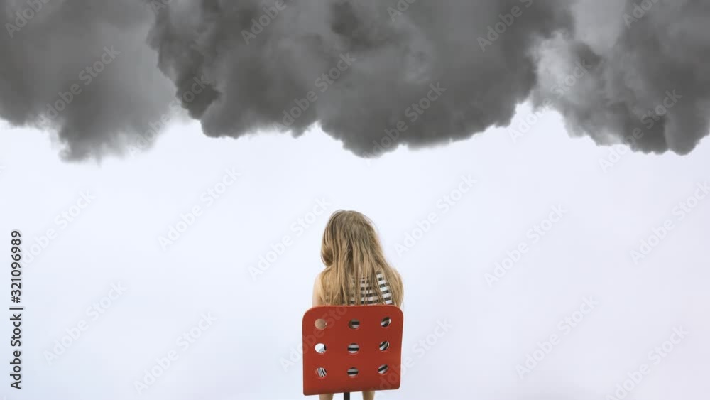 Girl sitting on red chair under dark clouds. Mental health concept ...