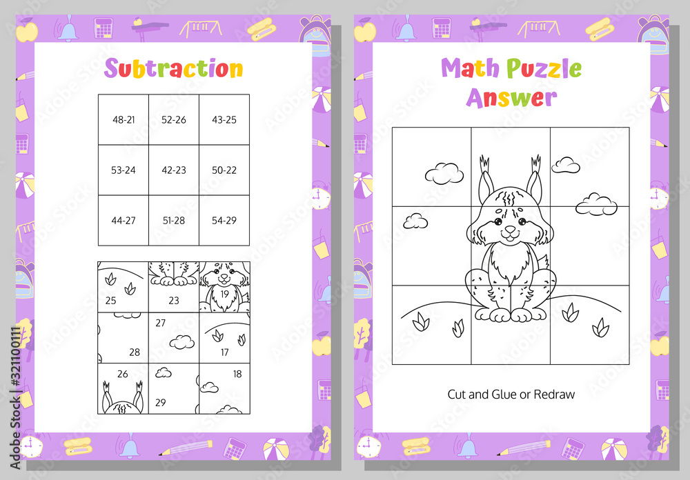 Subtraction Math Puzzle Worksheet. Educational Game. Mathematical Game ...