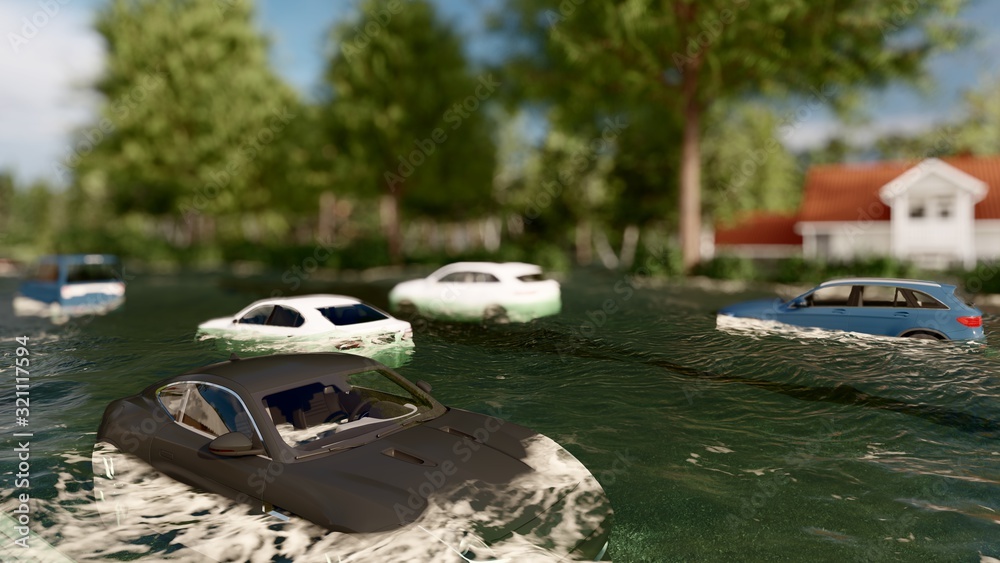 cars driving on a flooded road during a flood caused by heavy rain 3d ...