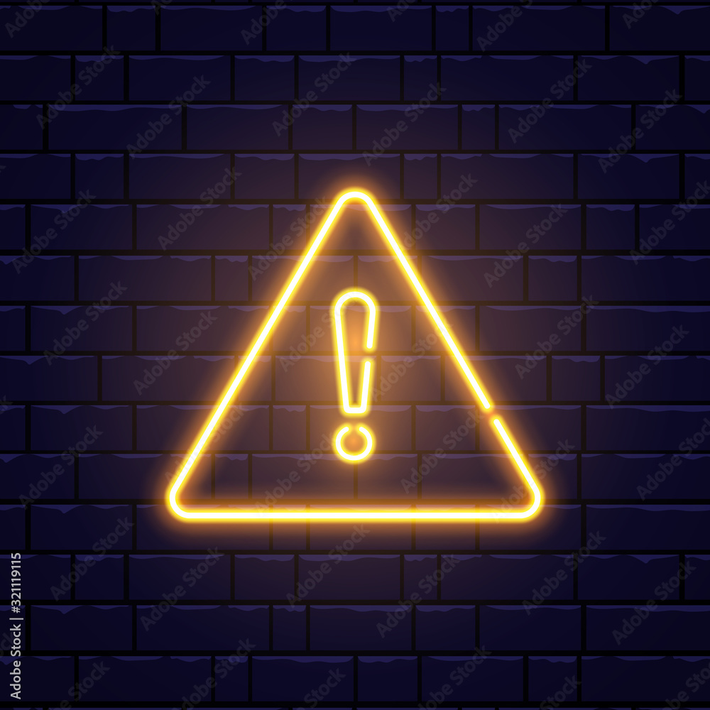 Vektorová grafika „Caution neon sign on brick wall. Glowing gold ...