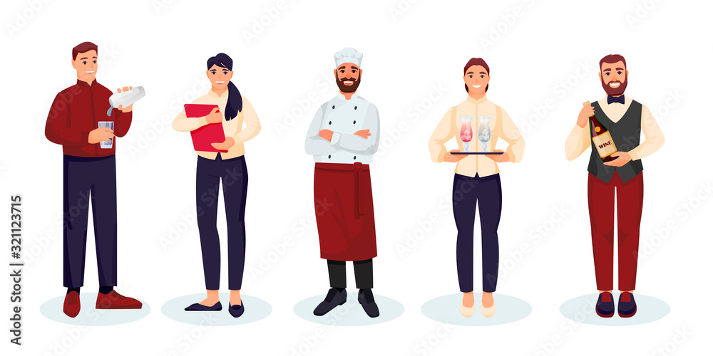 Restaurant staff team. Vector illustration. Waiters, chef, bartender ...