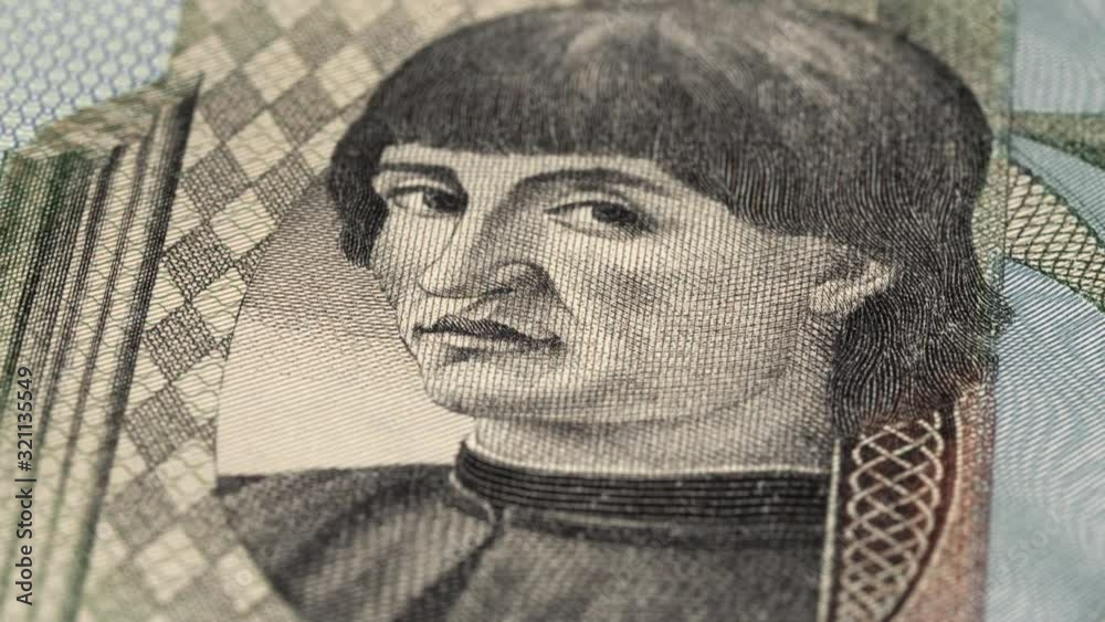 Niccolo Machiavelli portrait on Italian lira banknote rotating. Father ...