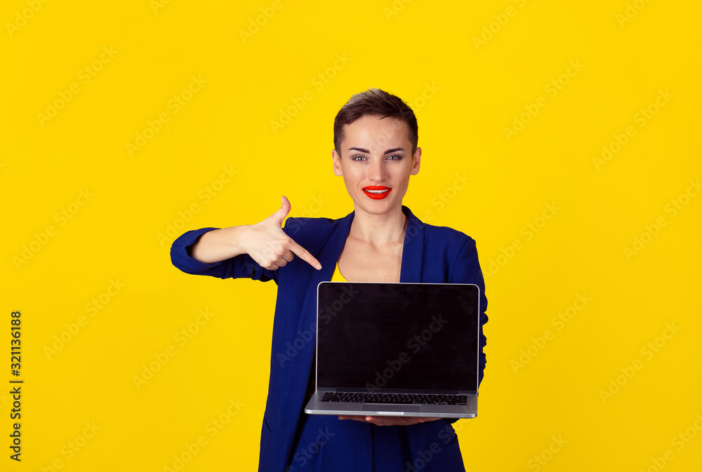 Look here. Woman presenting screen of her laptop computer. Girl short ...
