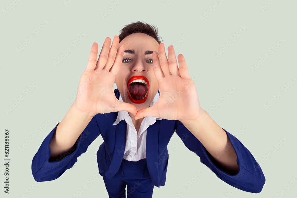 hysterical woman shouting. Closeup portrait stressed frustrated shocked ...