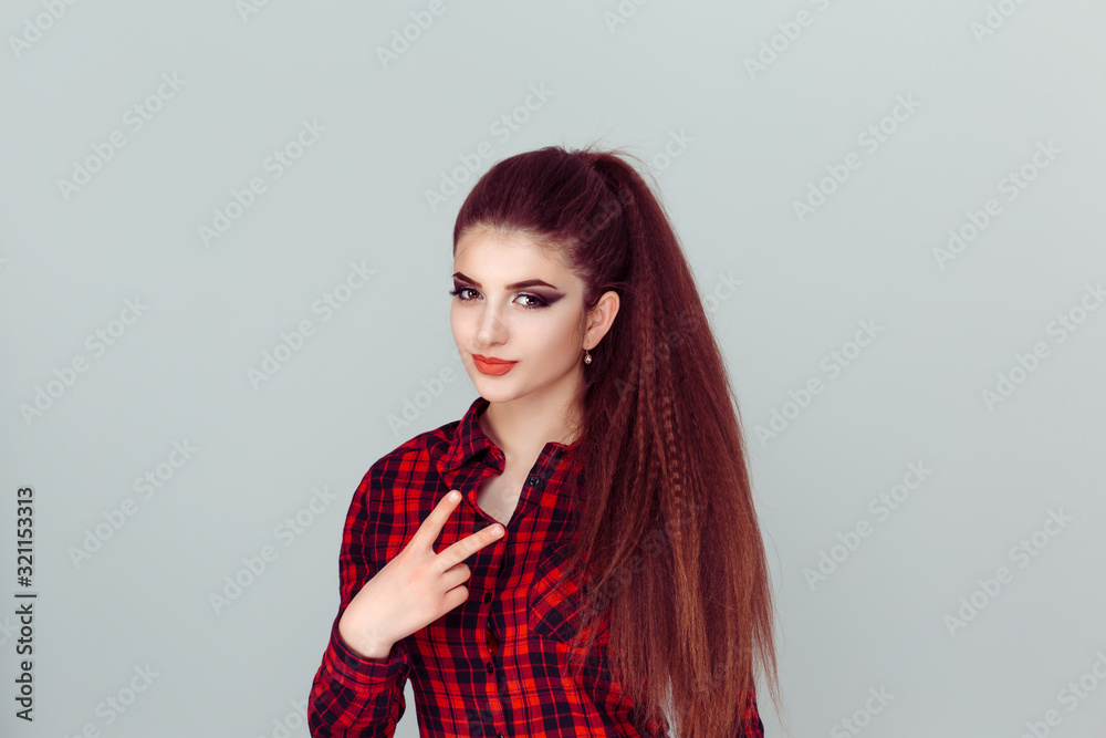 Peace symbol. Young happy beautiful Girl With Victory Sign isolated on ...